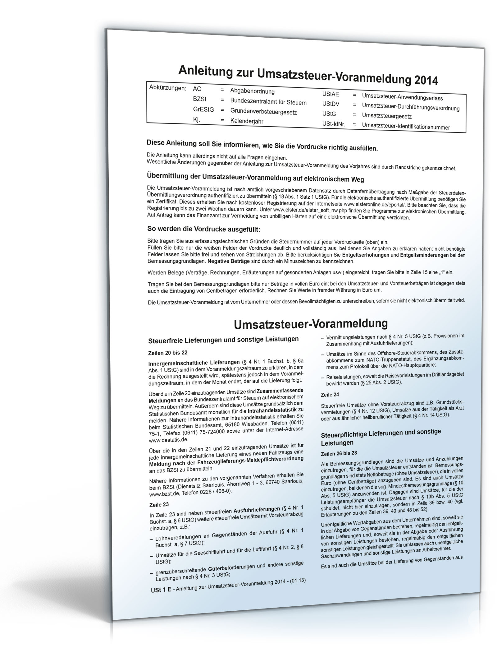 Anleitung zur Umsatzsteuervoranmeldung 2014 • DE Steuerformular Download