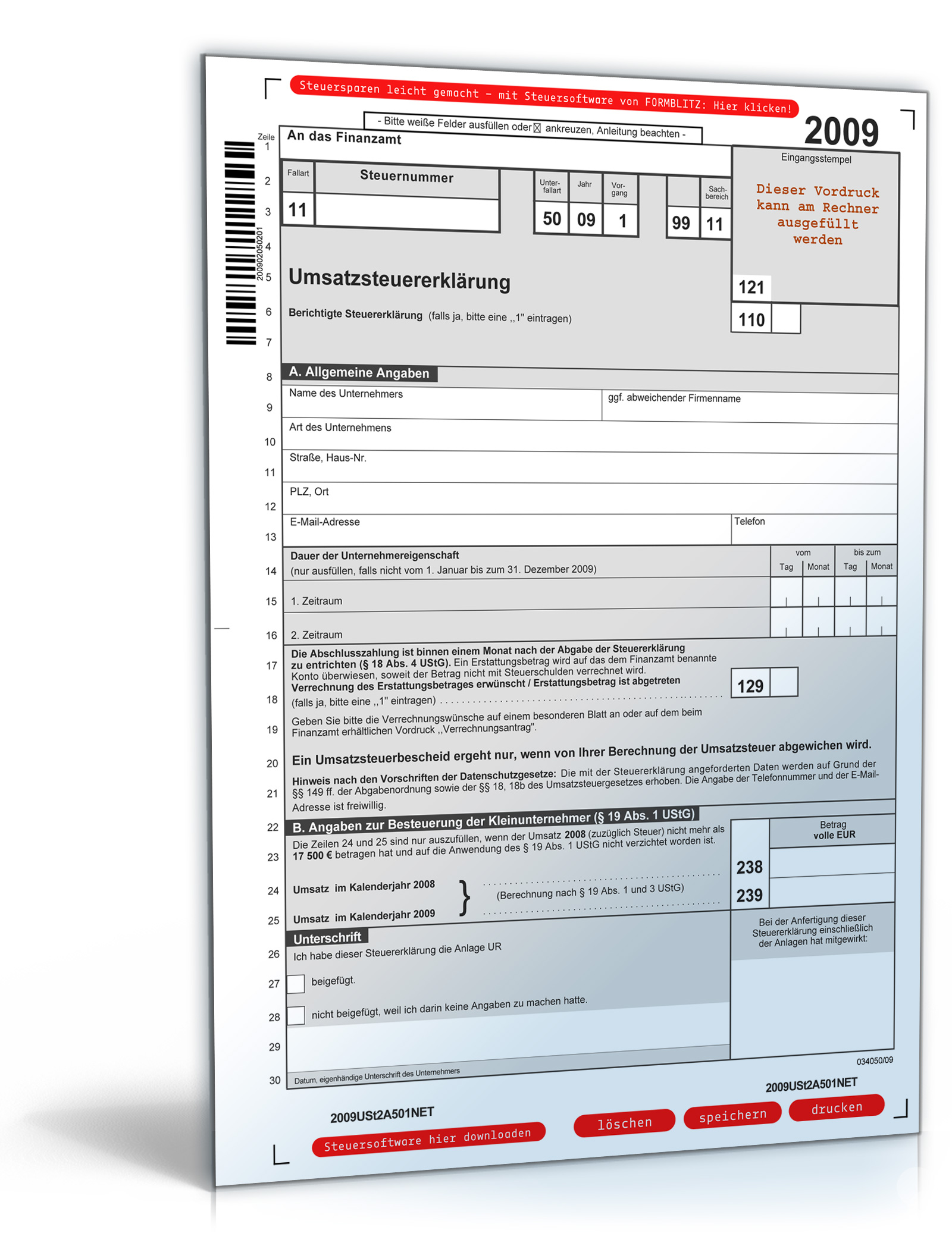 Umsatzsteuererklärung 2009 (Mantelbogen) • DE Steuerformular Download
